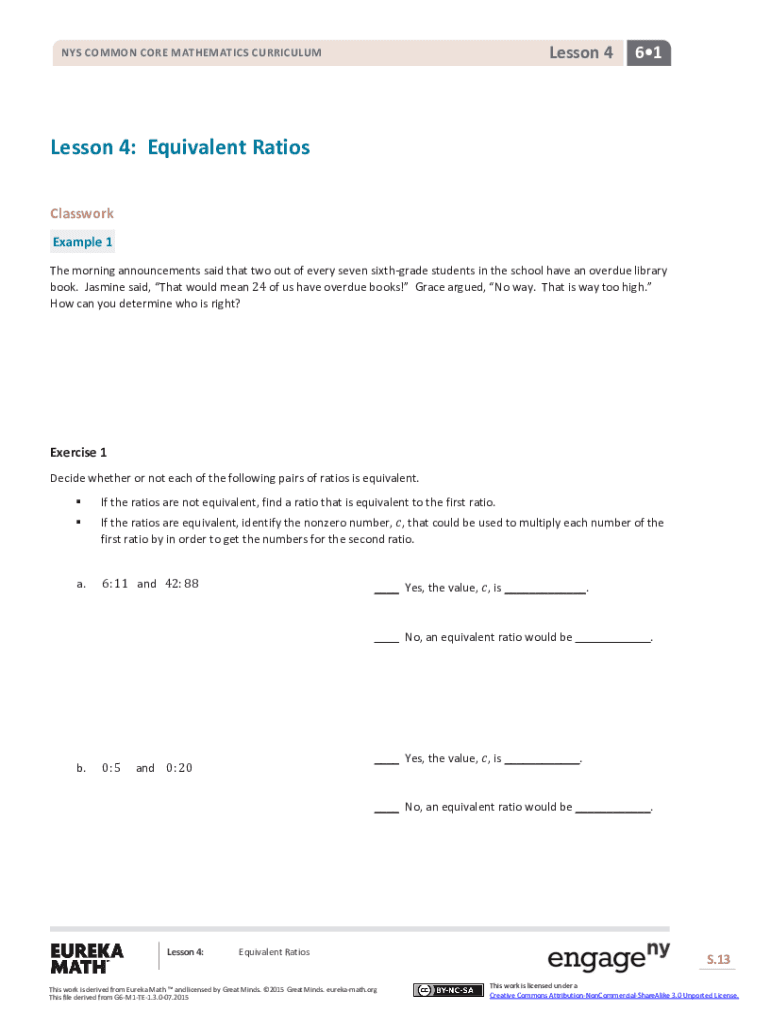 Fillable Online Engage NY // Eureka Math Grade 6 Module 1 Lesson 4 ...
