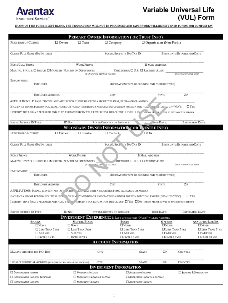 Fillable Online Variable Universal Life 07.29.19 rebranded and ...
