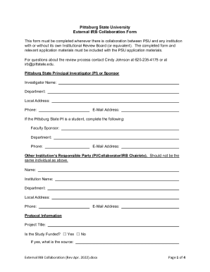 Fillable Online Pittsburg State University External IRB Collaboration ...