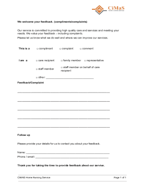 Fillable Online We welcome your feedback. (compliments/complaints) Fax ...