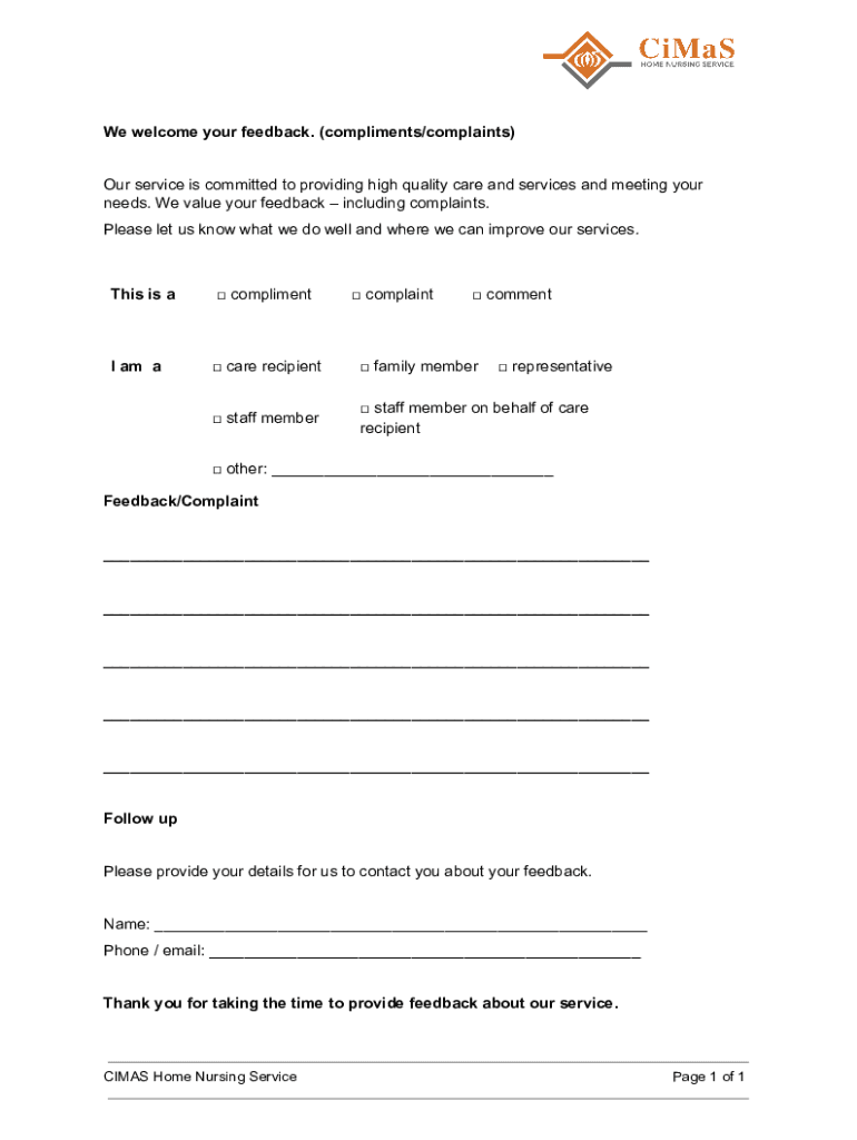 Fillable Online We welcome your feedback. (compliments/complaints) Fax ...
