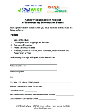 Fillable Online Acknowledgement of Receipt of Membership Information ...