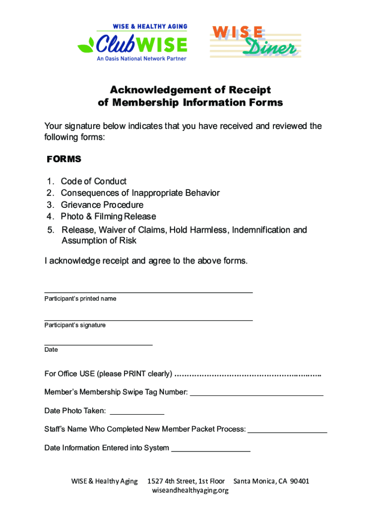 Fillable Online Acknowledgement of Receipt of Membership Information ...