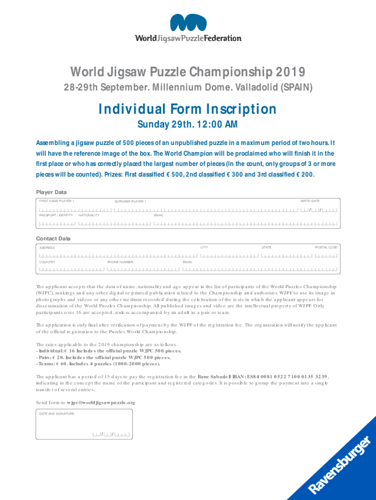 Fillable Online World Jigsaw Puzzle Championship 2019 Individual Form ... Fax Email Print ...