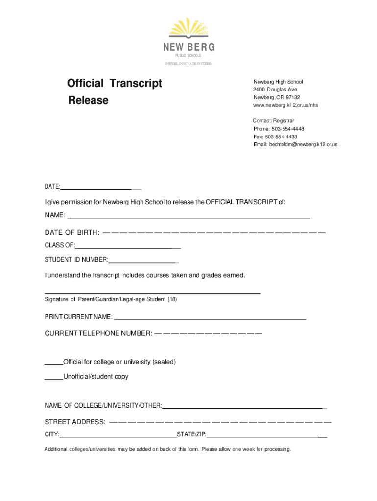 Fillable Online Official Transcript Release Fax Email Print - pdfFiller