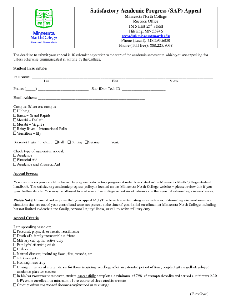 Fillable Online Satisfactory Academic Progress Appeals Fax Email Print - pdfFiller