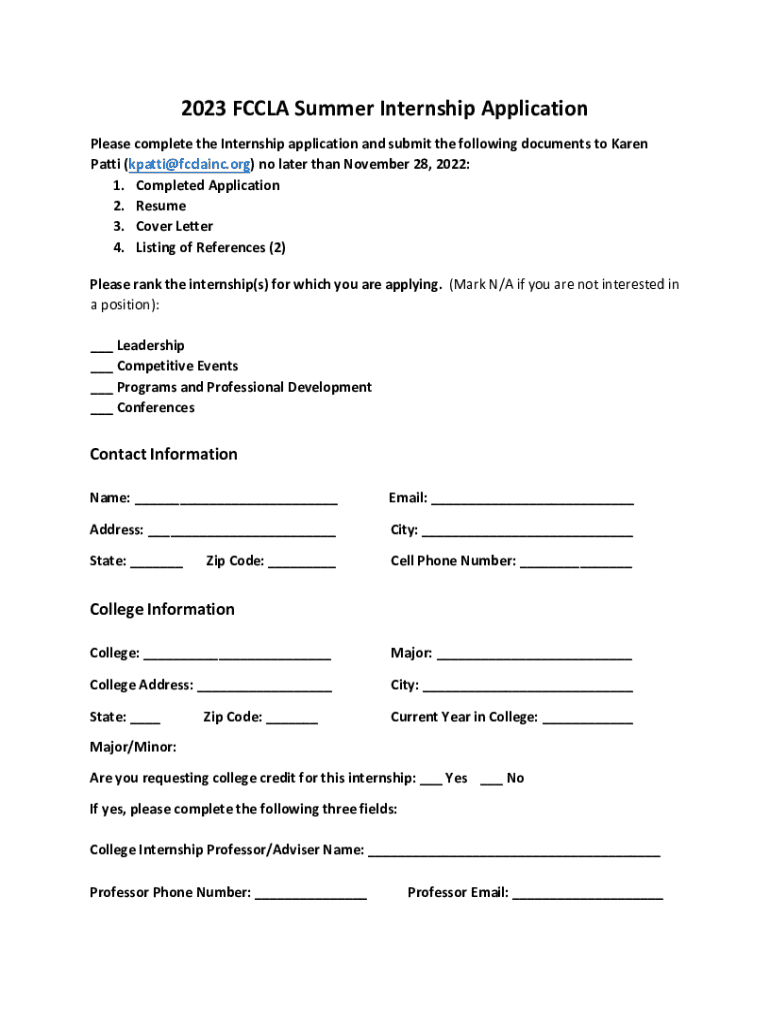 Fillable Online 2023 FCCLA Summer Internship Application Fax Email Print - pdfFiller