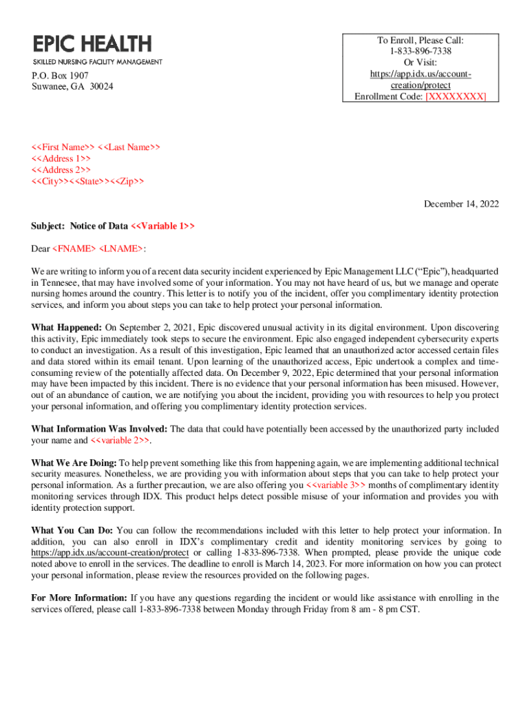 Fillable Online Epic Management Data Breach Notice to Consumers Fax ...