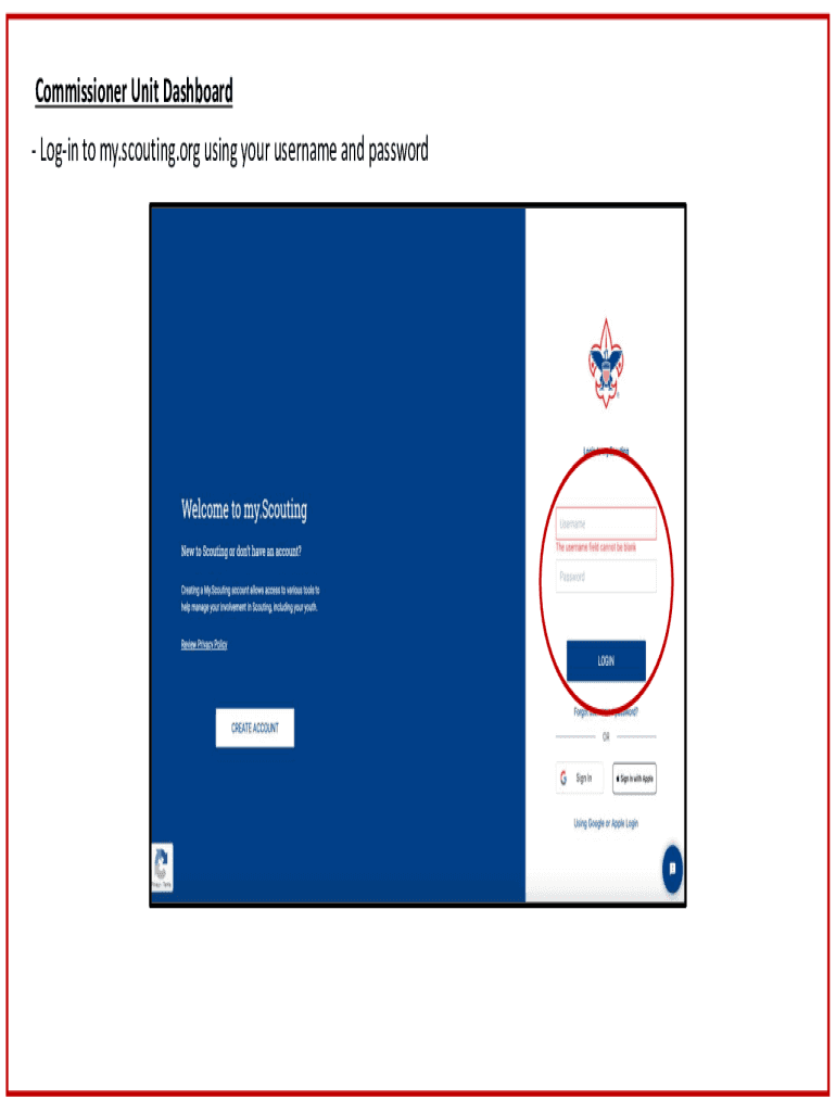 Fillable Online Commissioner Unit Dashboard - Log-in to my.scouting. ... Fax Email Print - pdfFiller