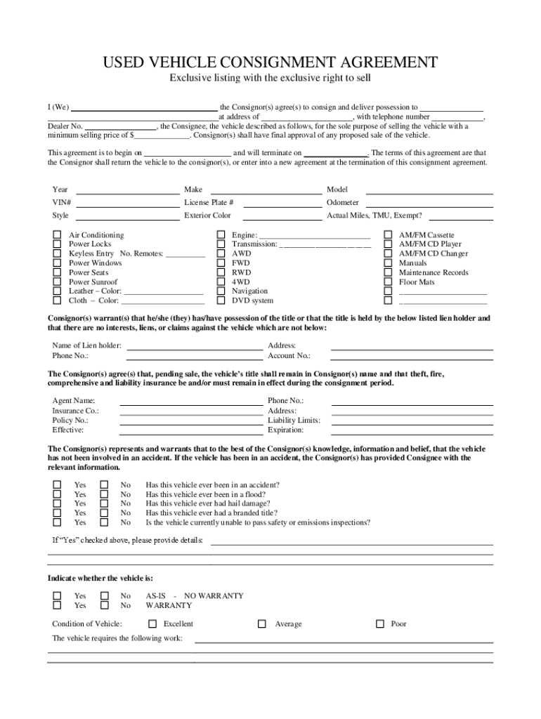 Fillable Online Vehicle Consignment Agreement. Consignment Forms Fax ...