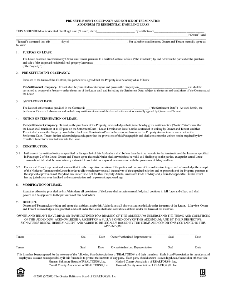 Fillable Online pre-settlement occupancy and notice of termination Fax ...