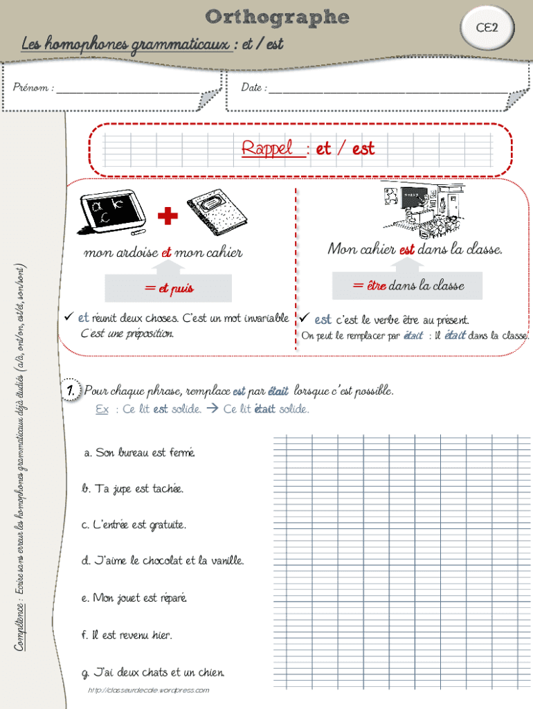 Remplissable En Ligne Les homophones grammaticaux : a /, et / est, on ...