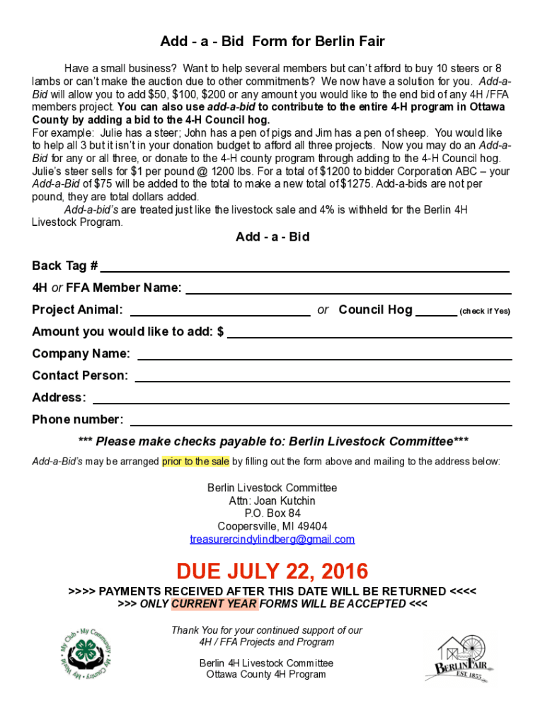 Fillable Online Add -A- Bid Form for Berlin Fair Fax Email Print ...