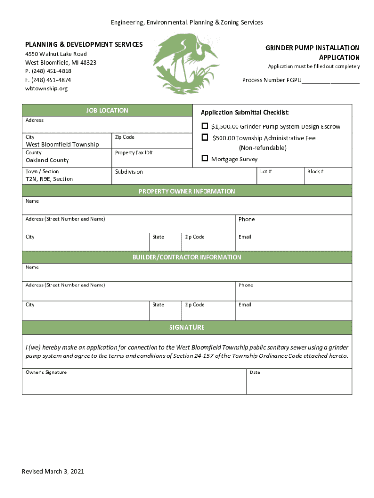 Fillable Online grinder pump installation application Fax Email Print ...