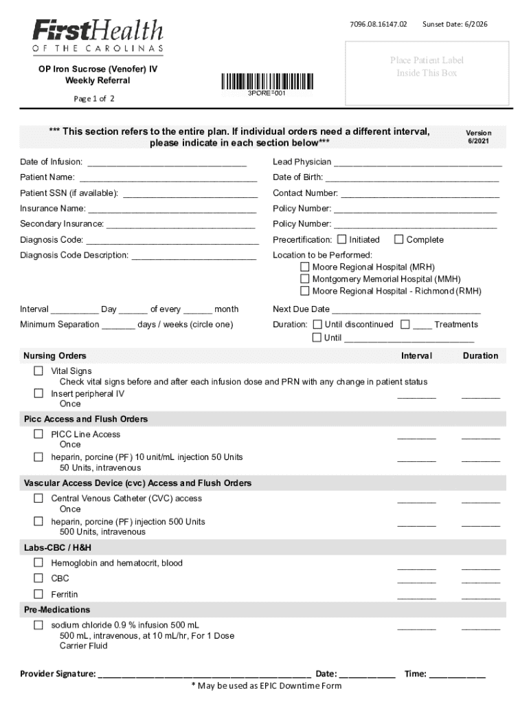 Fillable Online OP Iron Sucrose () IV Weekly Referral. Template Fax Email Print - pdfFiller
