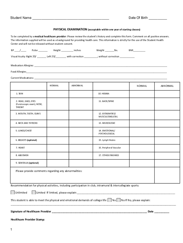 Fillable Online Physical Examination Form 4/3/23 Fax Email Print ...