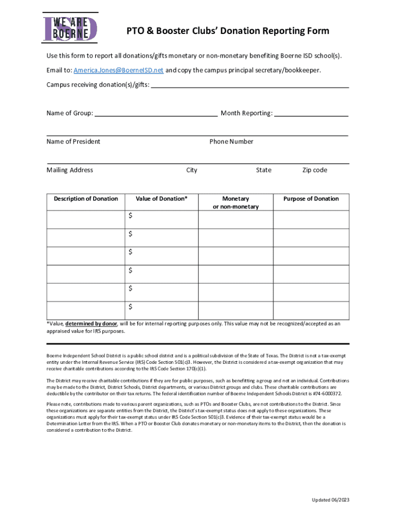 Fillable Online PTO & Booster Clubs' Donation Reporting Form Fax Email ...