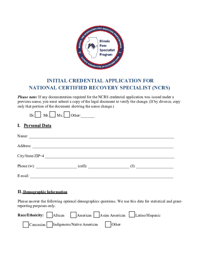 Fillable Online initial credential application for national certified recovery ... Fax Email ...