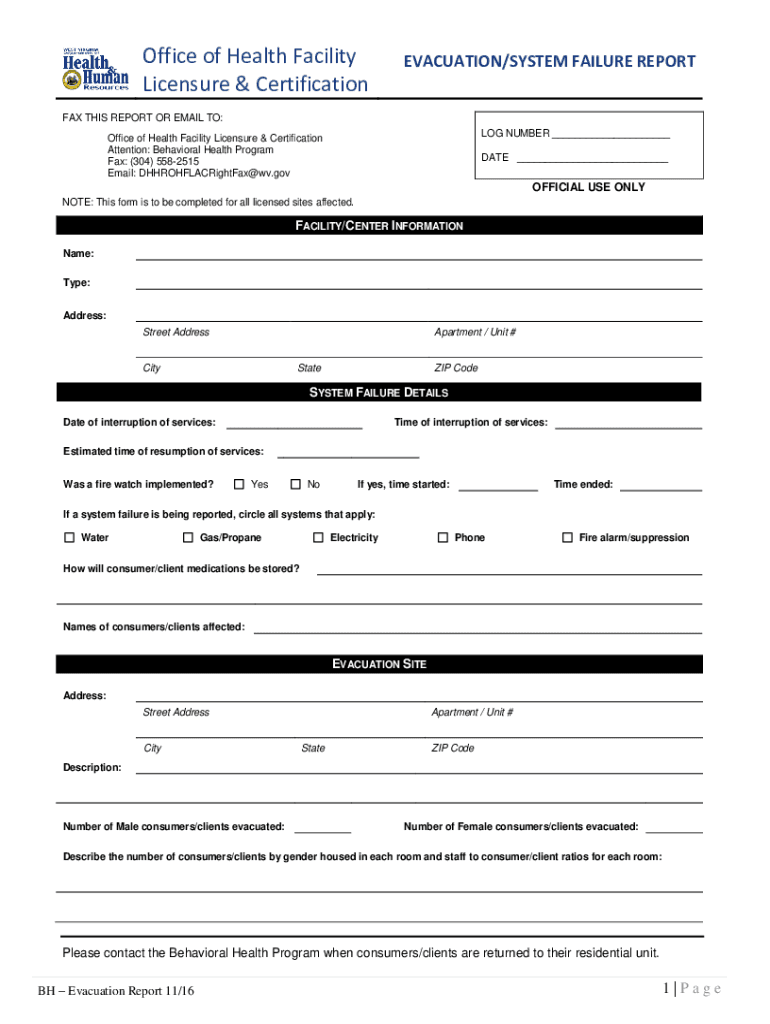 Fillable Online EVACUATION/SYSTEM FAILURE REPORT. SITE INSPECTION ...