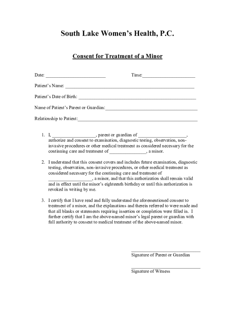 Fillable Online Consent for Treatment of a Minor - Southlake Women's Health Fax Email Print ...