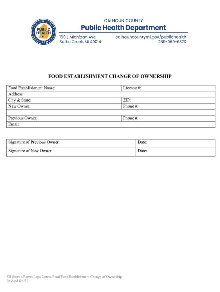 Fillable Online Food Estabishment Change of Ownership Fax Email Print ...