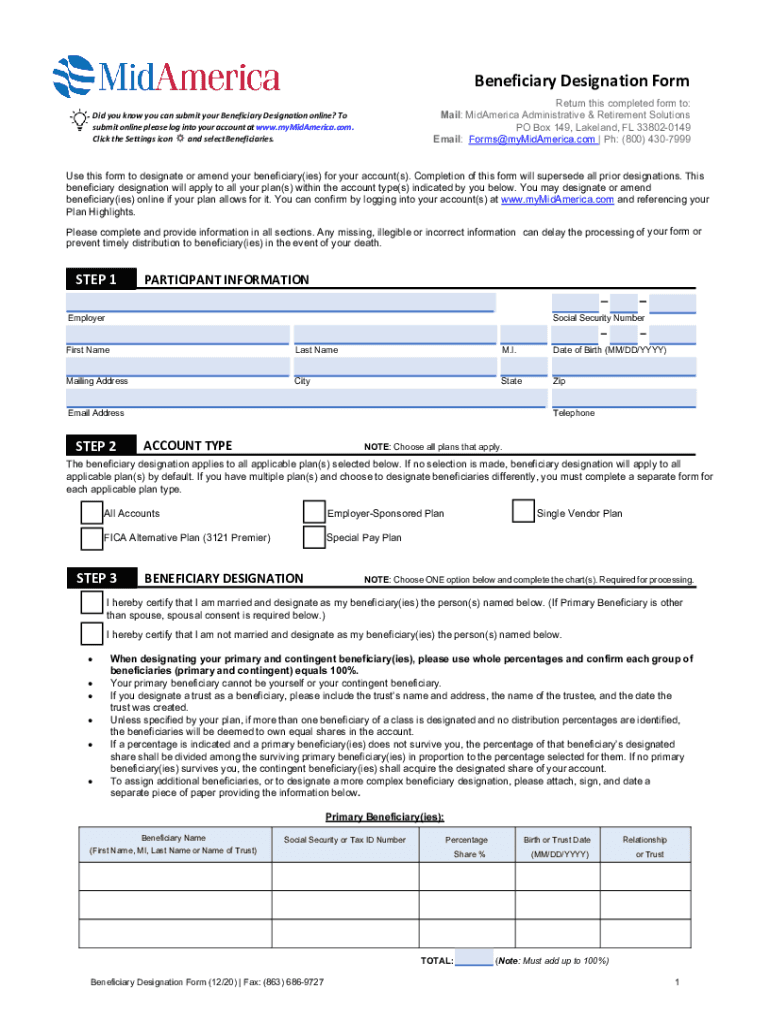 Fillable Online Beneficiary Designation Form STEP 2 STEP 1 STEP 3 Fax ...