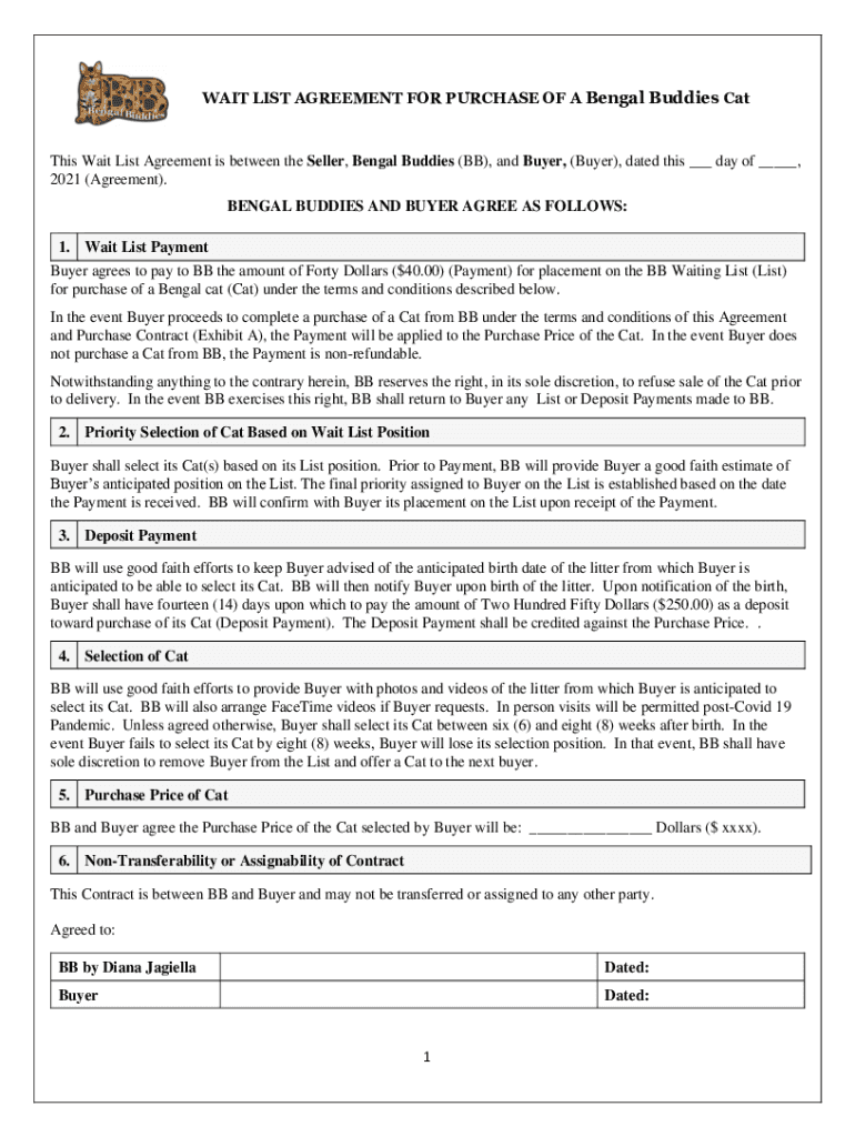 Fillable Online KITTEN WAITING LIST AND DEPOSIT AGREEMENT Fax Email ...