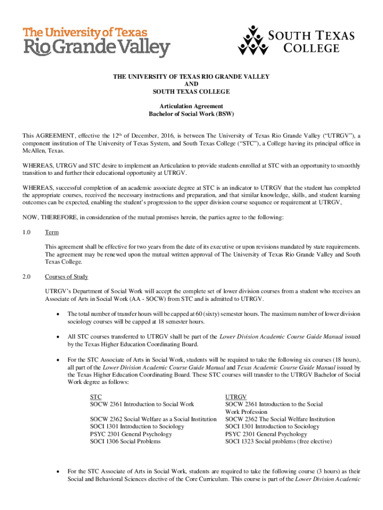 Fillable Online academicaffairs southtexascollege Agreement - Social Work Fax Email Print ...