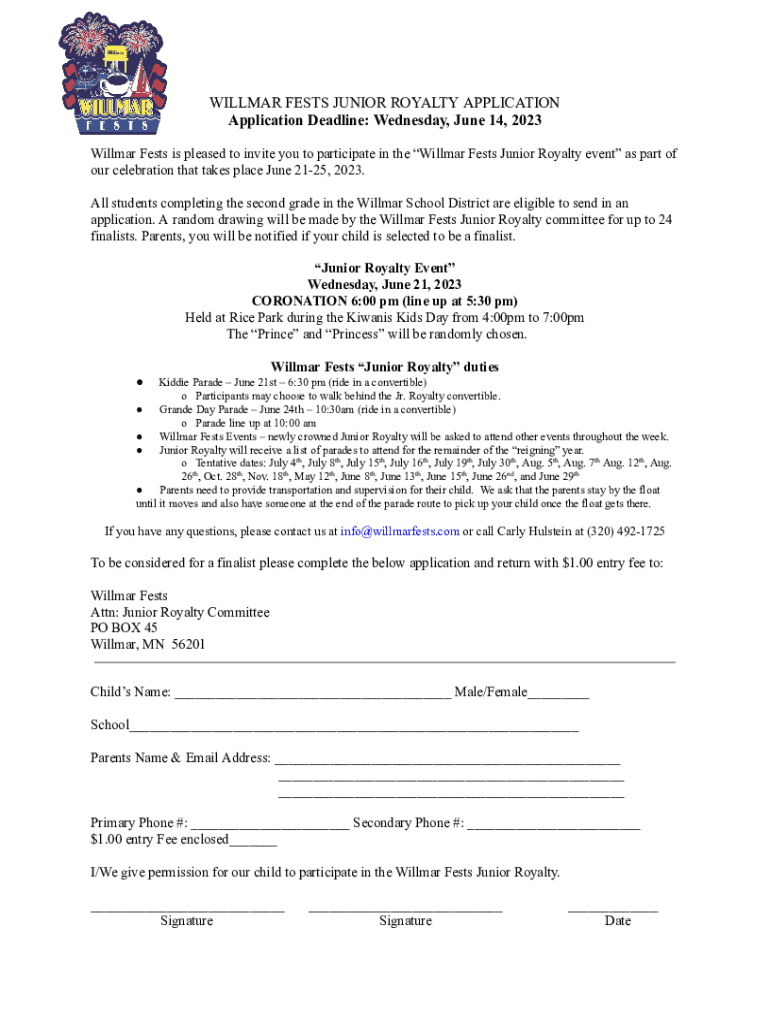 Fillable Online Willmar Fests Junior Royalty Application Fax Email ...
