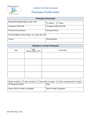Fillable Online 470-5073 Participant Profile Intake. Parent Partner ...