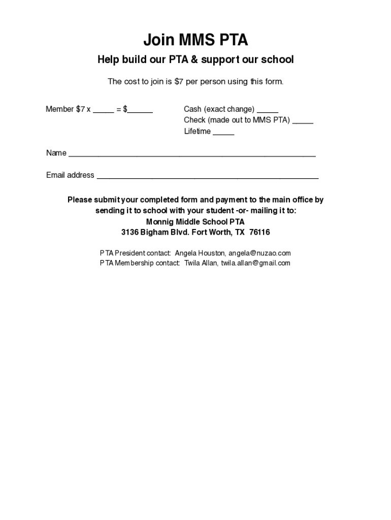 Fillable Online PTA Membership form for MMS site Fax Email Print ...