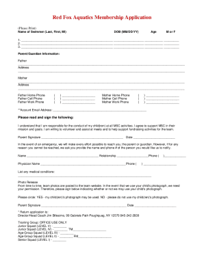 Fillable Online Red Fox Aquatics Membership Application Fax Email Print ...