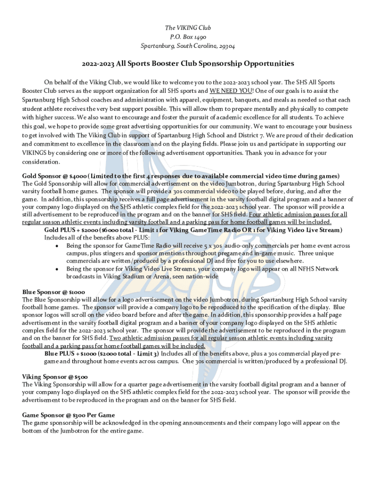 Fillable Online 2022-2023 SHS All Sports Booster Club - Sponsorship ...
