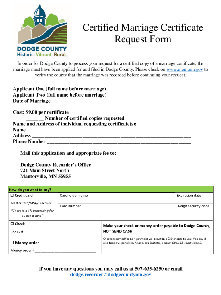 Fillable Online Certified Marriage Certificate Request Form Fax Email ...