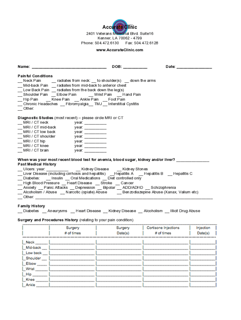 Fillable Online Accurate Clinic - Pain - Intake - Pt Treatment History ...