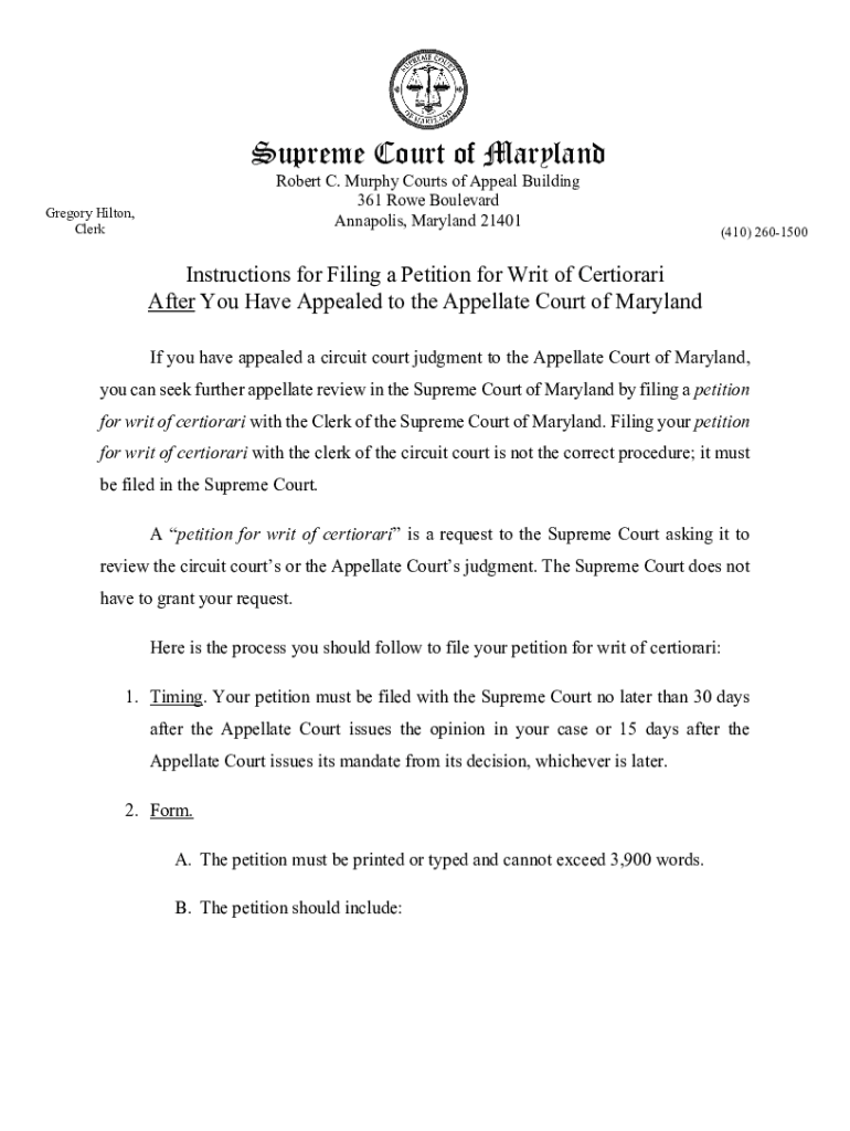 Fillable Online Filing a Petition for Writ of CertiorariMaryland Courts ...