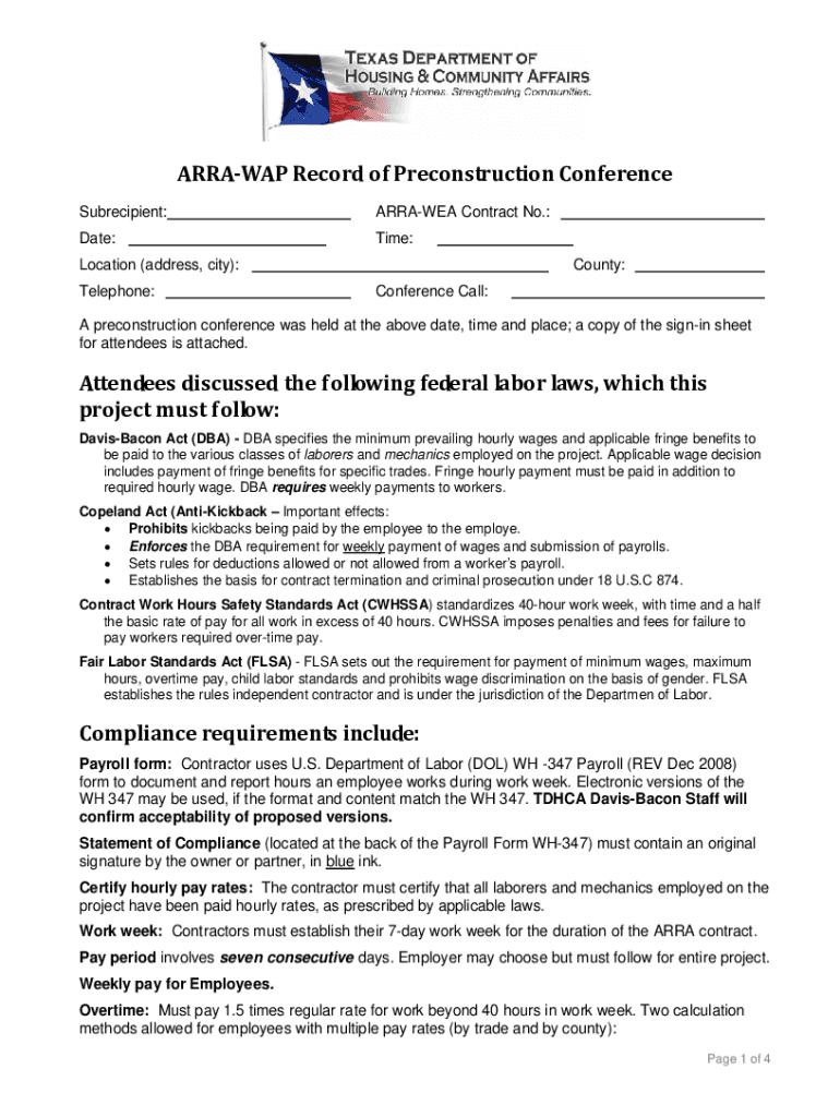 Fillable Online tdhca state tx ARRA-WAP Pre-Construction Form Fax Email ...
