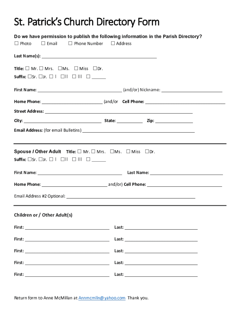 Fillable Online St. Patrick's Church Directory Form Fax Email Print ...