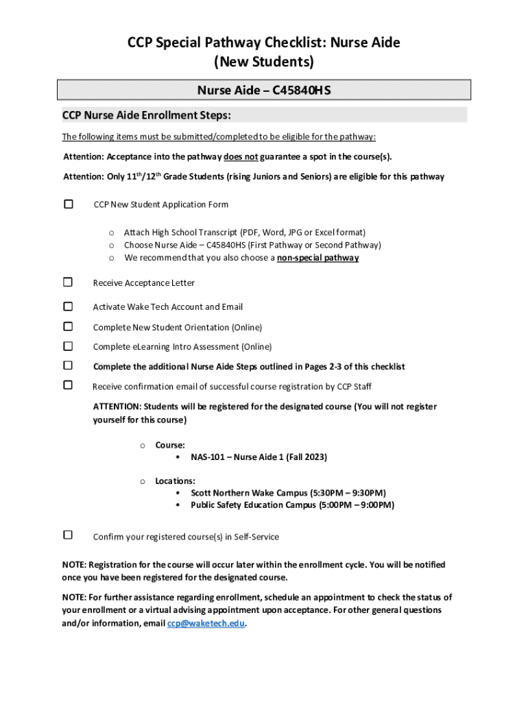 Fillable Online CCP Special Pathway Checklist: Nurse Aide (New Students ...