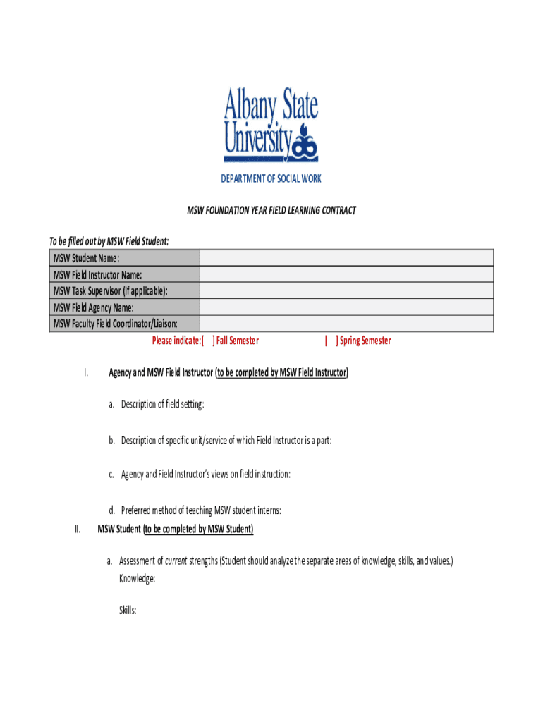 Fillable Online MSW Field Education - Department of Social Work Fax ...