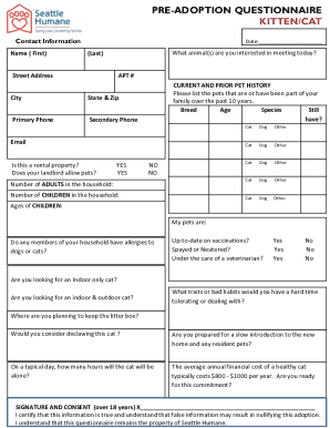 Fillable Online Pre-Adoption Questionnaire - The Cat People Fax Email ...