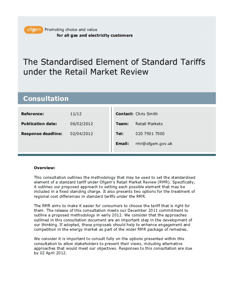 Fillable Online The Standardised Element of Standard Tariffs under the ...