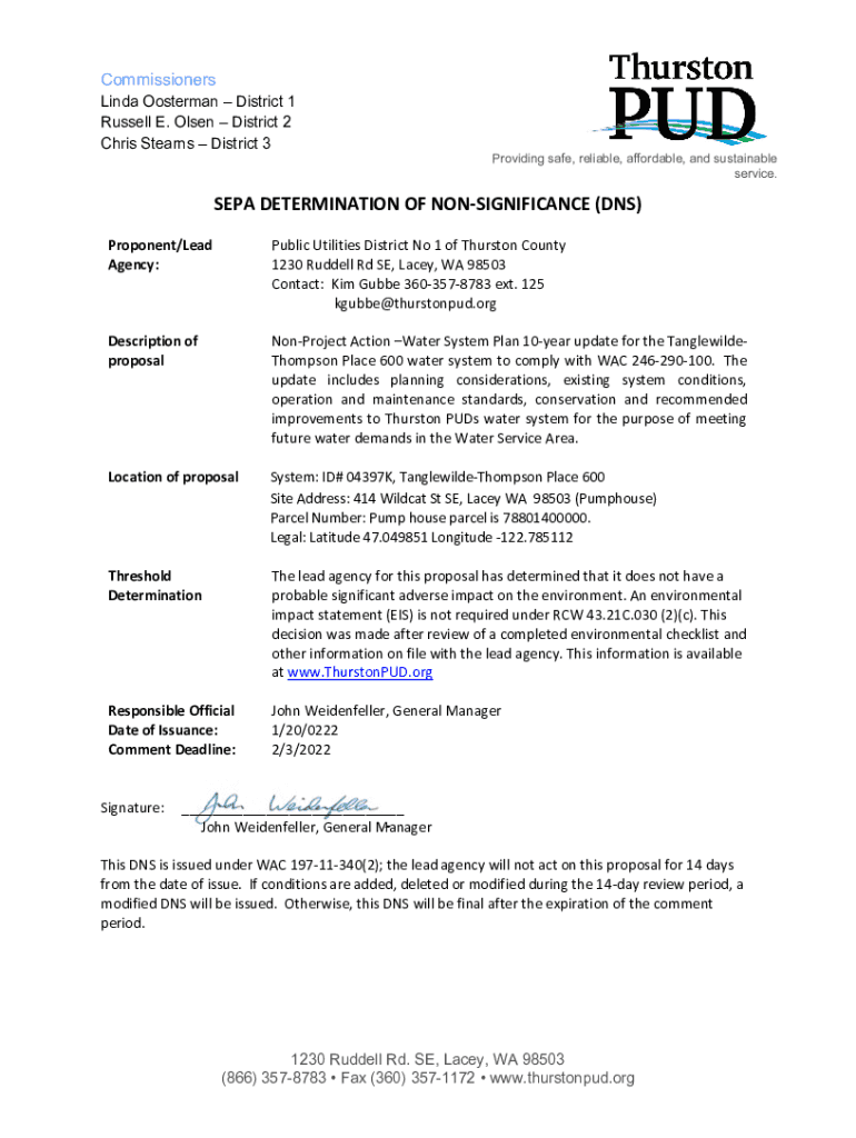 Fillable Online Commissioners DETERMINATION OF NON-SIGNIFICANCE Fax ...