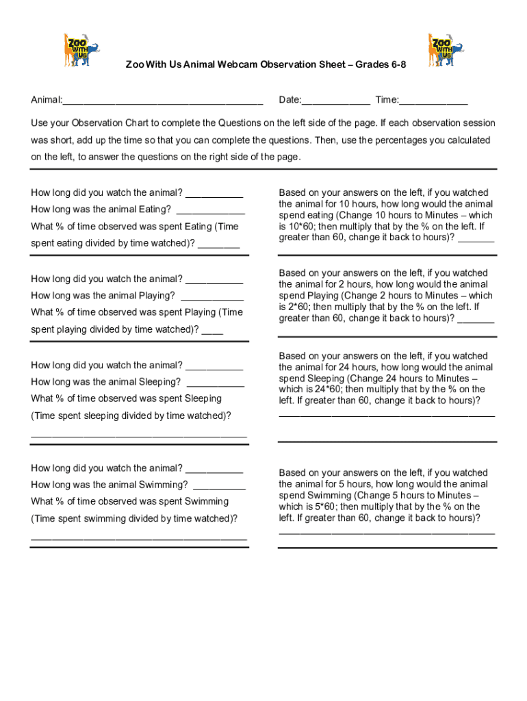 Fillable Online Webcams in the Classroom: Animal Inquiry and ...
