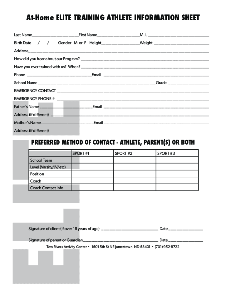 Fillable Online At-Home ELITE TRAINING ATHLETE INFORMATION SHEET Fax Email Print - pdfFiller