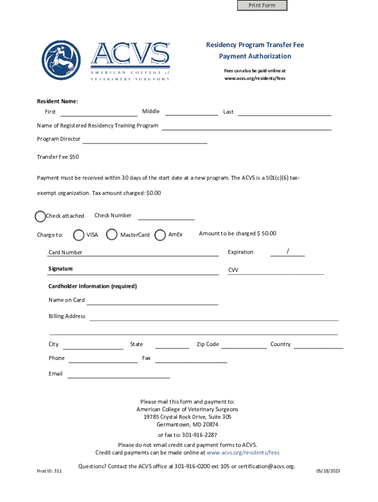 Fillable Online Residency Program Transfer Fee Payment Authorization ...