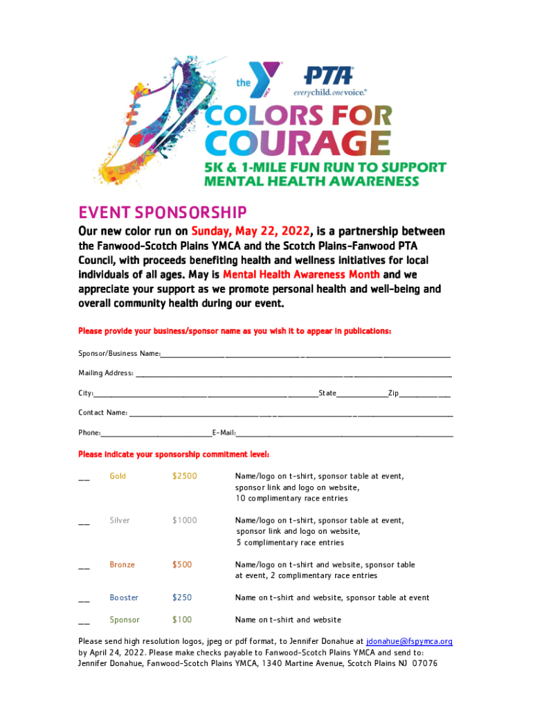 Fillable Online YMCA and PTA team up for Colors for Courage 5K Fax ...