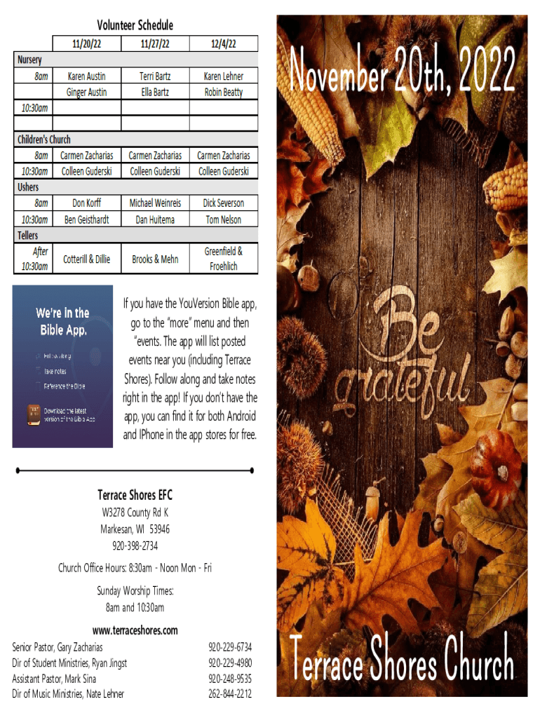 Fillable Online Terrace Shores EFC Usher Schedule If you have the ...