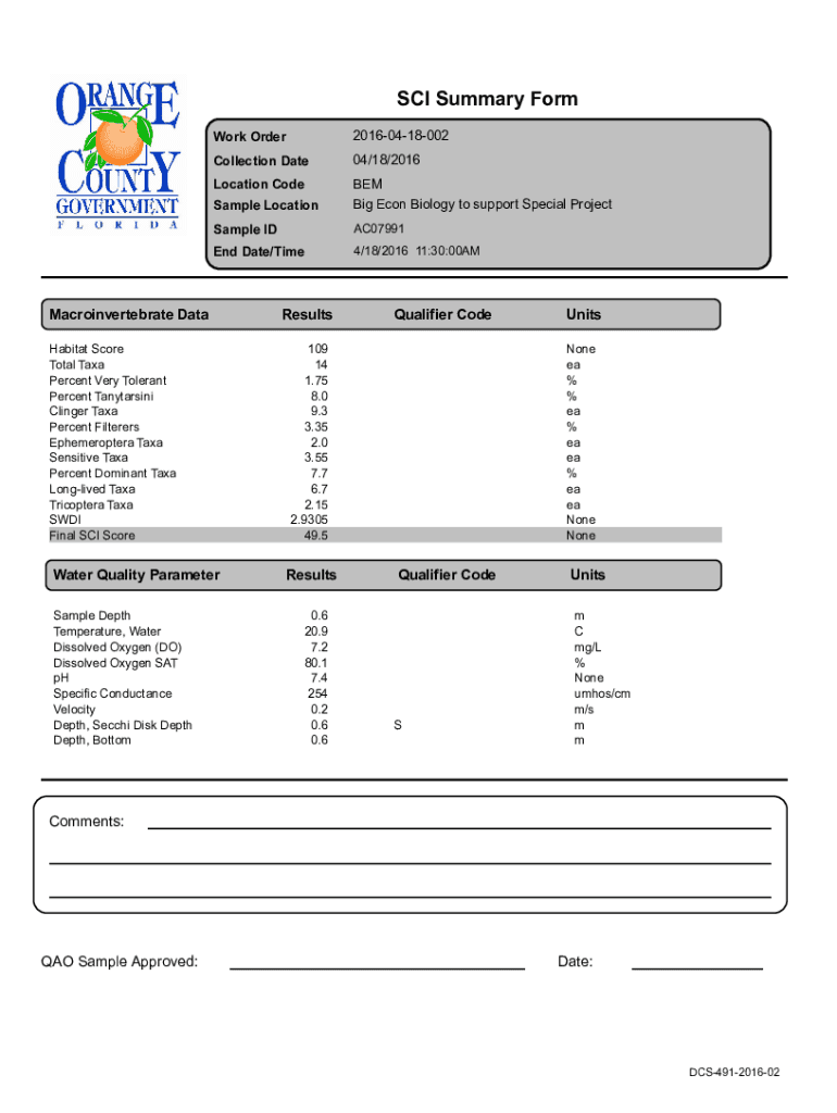 Fillable Online orange wateratlas usf SCI Summary Form Fax Email Print - pdfFiller