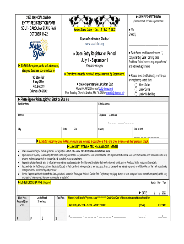 Fillable Online 2023 official swine entry registration form south ...